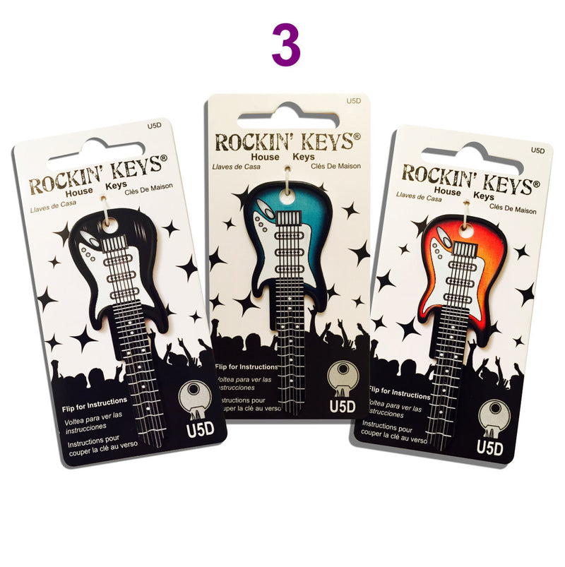 3 Electric Guitar Shaped Rockin' Keys - Black, Sunburst, Surf Green.